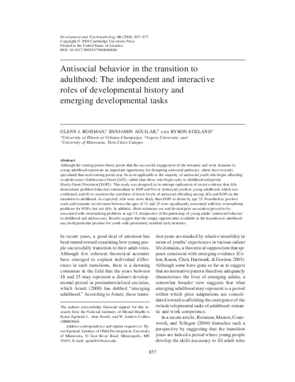 (PDF) Antisocial behavior in the transition to adulthood: The independent and interactive roles ...