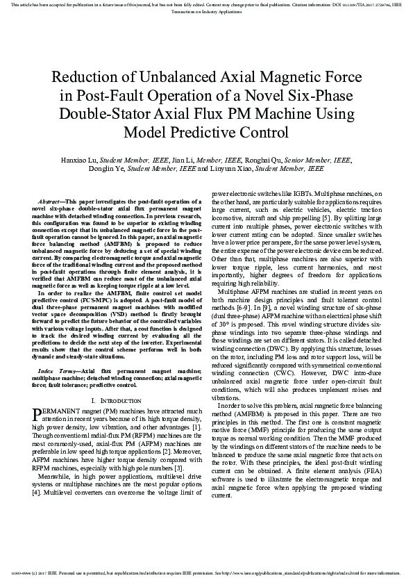 (PDF) Reduction of Unbalanced Axial Magnetic Force in Post-Fault Operation of a Novel Six-Phase ...