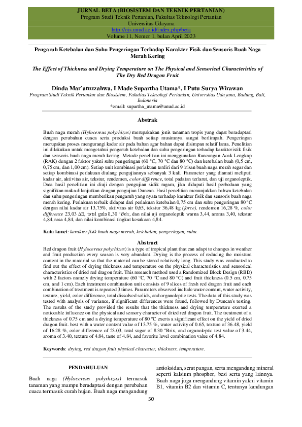 (PDF) Pengaruh Ketebalan dan Suhu Pengeringan Terhadap Karakteristik ...