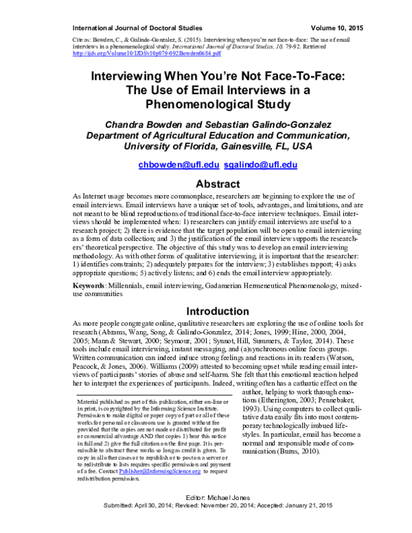 (PDF) Interviewing When You’re Not Face-To-Face: The Use of Email Interviews in a ...