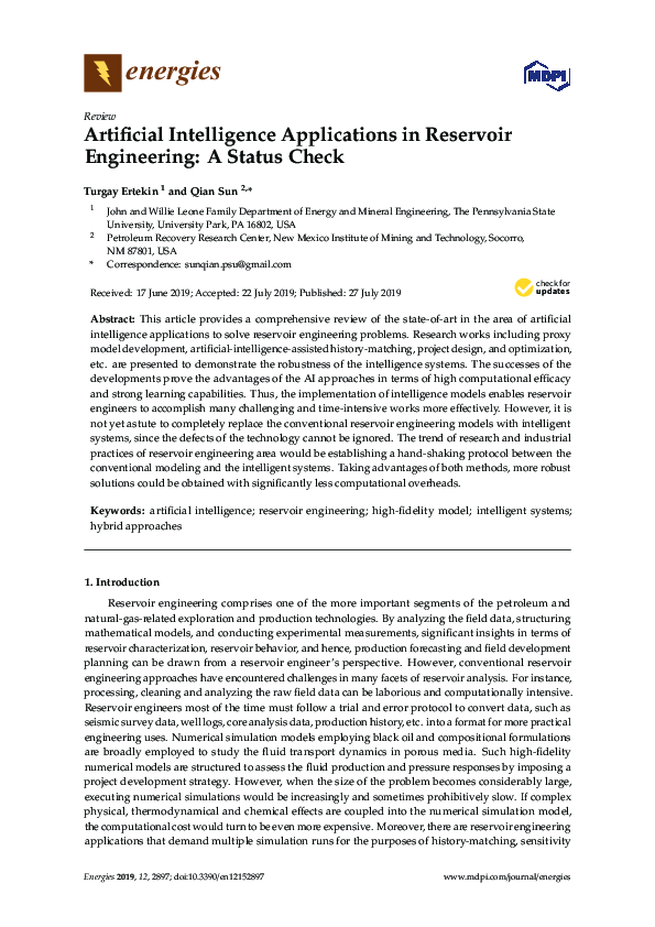 (PDF) Artificial Intelligence Applications in Reservoir Engineering: A Status Check