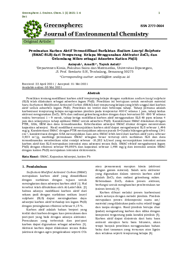 (PDF) Pembuatan Karbon Aktif Termodifikasi Surfaktan Sodium Lauryl Sulphate (SMAC-SLS) dari ...