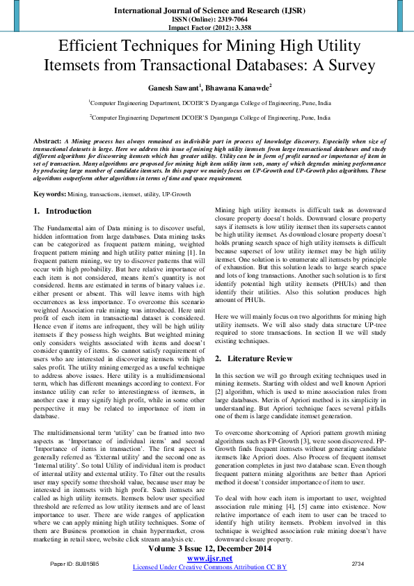 Pdf Efficient Techniques For Mining High Utility Itemsets From Transactional Databases A