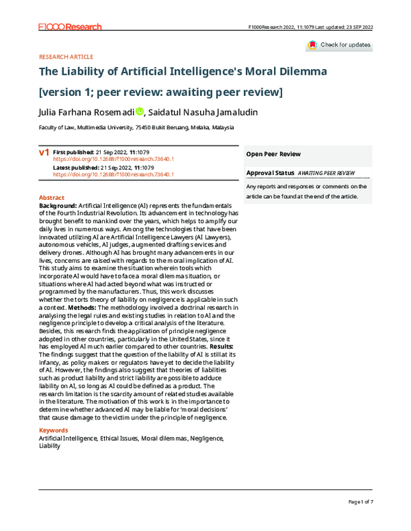 (PDF) The Liability of Artificial Intelligence's Moral Dilemma