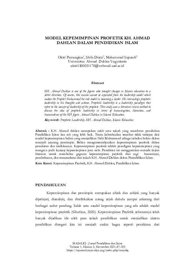 (PDF) Model Kepemimpinan Profetik KH. Ahmad Dahlan dalam Pendidikan Islam