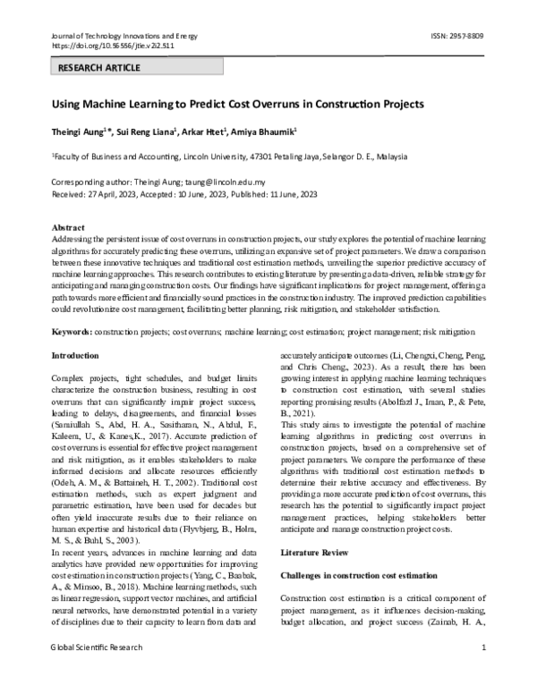 (PDF) Using Machine Learning to Predict Cost Overruns in Construction Projects