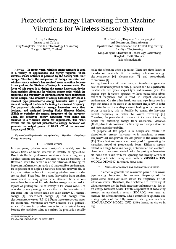 (PDF) Piezoelectric energy harvesting from machine vibrations for ...