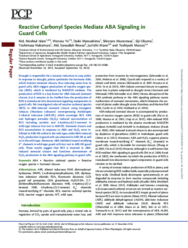 (PDF) Reactive Carbonyl Species Mediate ABA Signaling in Guard Cells