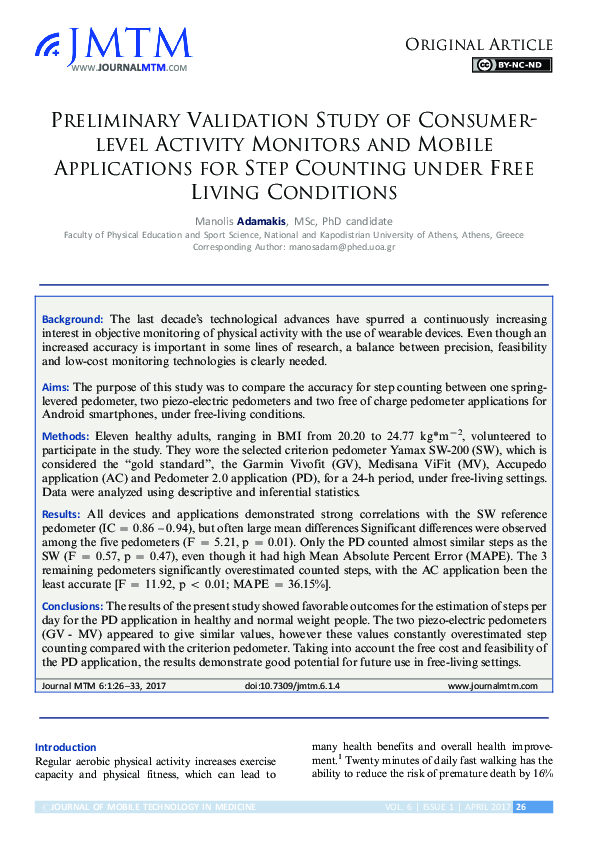 (PDF) Preliminary Validation Study of Consumer-level Activity Monitors ...