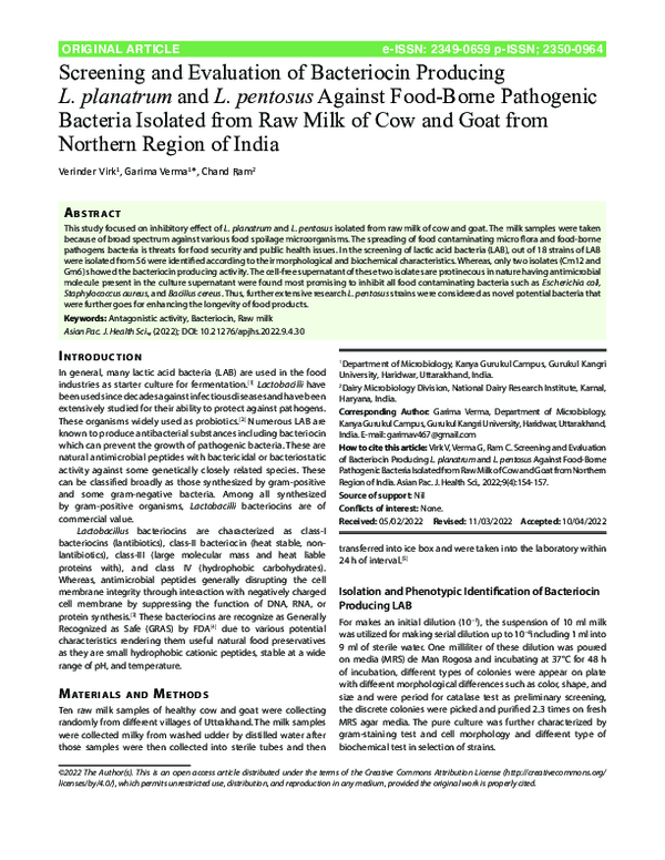 Pdf Screening And Evaluation Of Bacteriocin Producing L Planatrum And L Pentosus Against