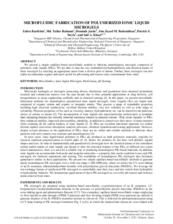 (PDF) Microfluidic Fabrication of Polymerized Ionic Liquid Microgels
