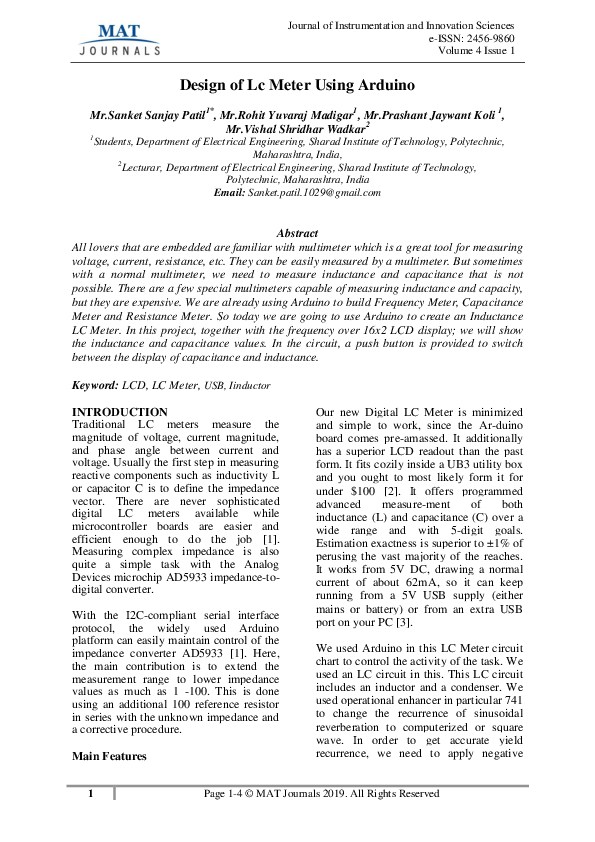 Pdf Design Of Lc Meter Using Arduino