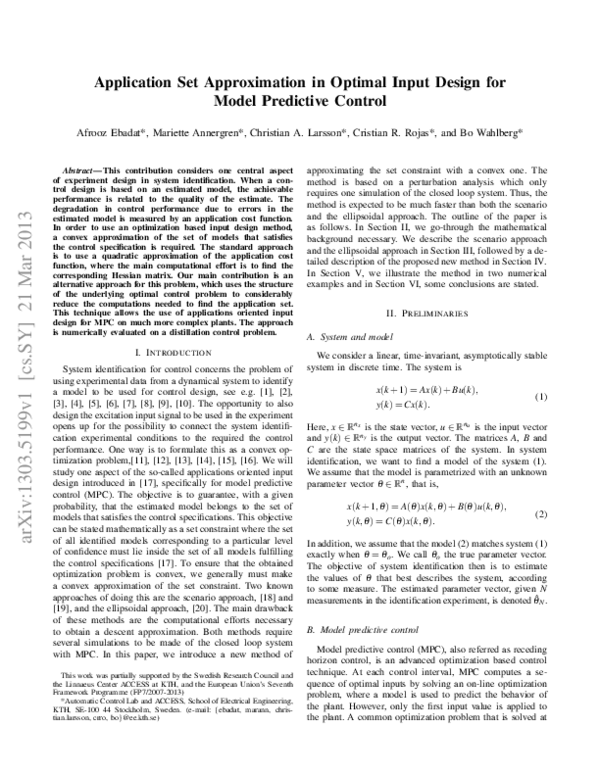 Pdf Application Set Approximation In Optimal Input Design For Model Predictive Control