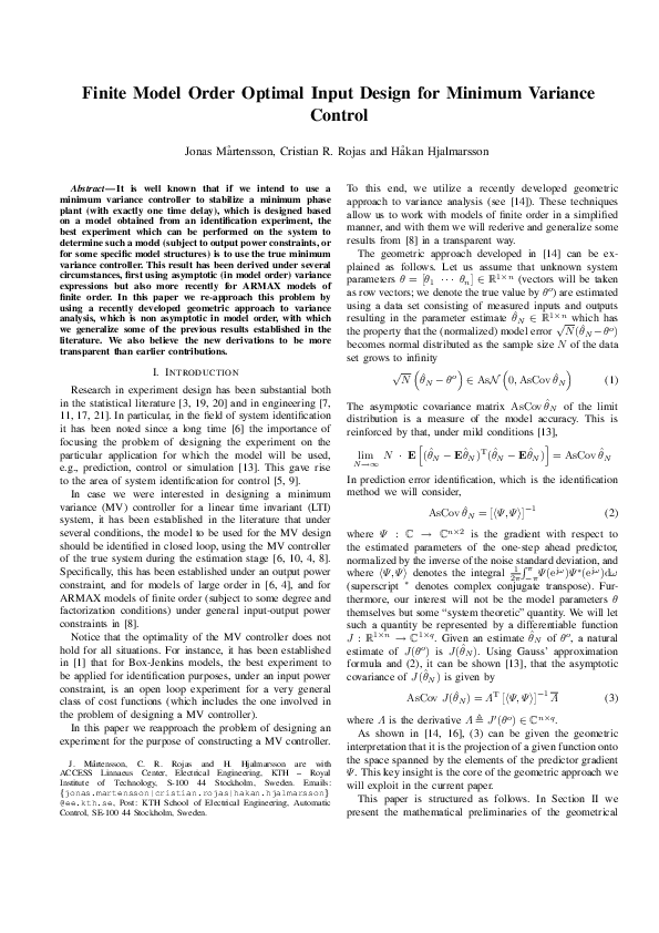 (PDF) Finite model order optimal input design for minimum variance control