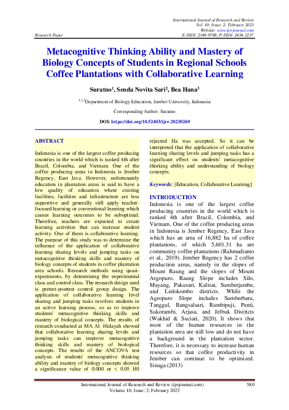 (PDF) Metacognitive Thinking Ability and Mastery of Biology Concepts of Students in Regional ...