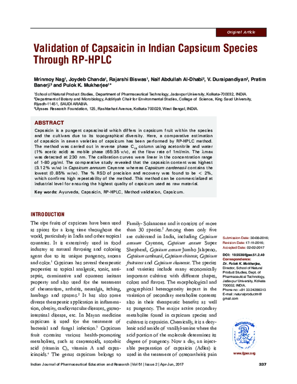 (PDF) Validation of Capsaicin in Indian Capsicum Species Through RP-HPLC