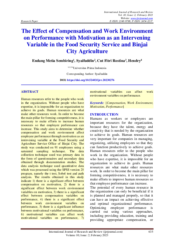 (PDF) The Effect of Compensation and Work Environment on Performance ...