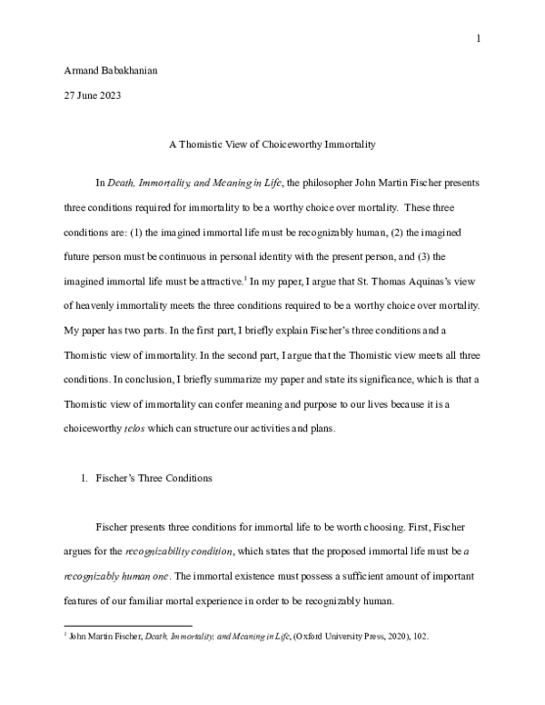 (PDF) A Thomistic View of Choiceworthy Immortality