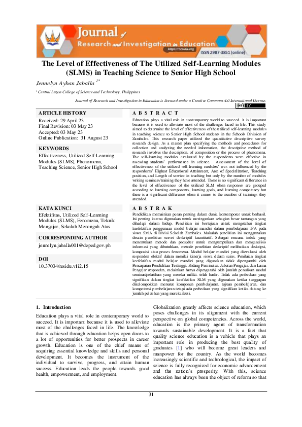 (PDF) The Level of Effectiveness of The Utilized Self-Learning Modules ...