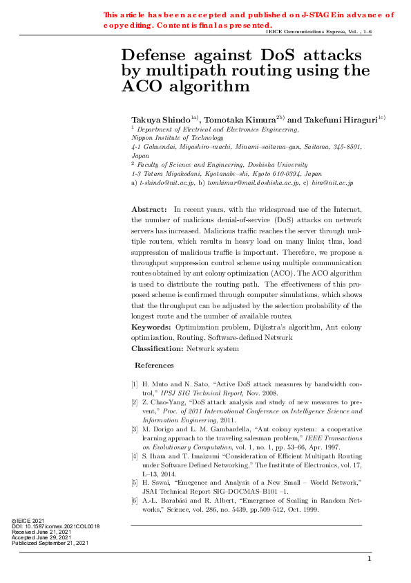 Pdf Defense Against Dos Attacks By Multipath Routing Using The Aco Algorithm