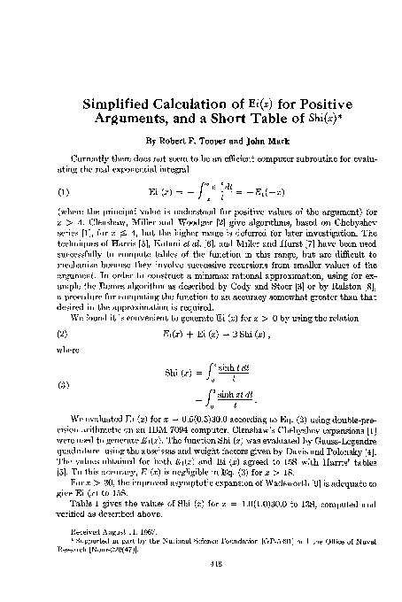 (PDF) Simplified calculation of $\mathrm{Ei}(x)$ for positive arguments ...