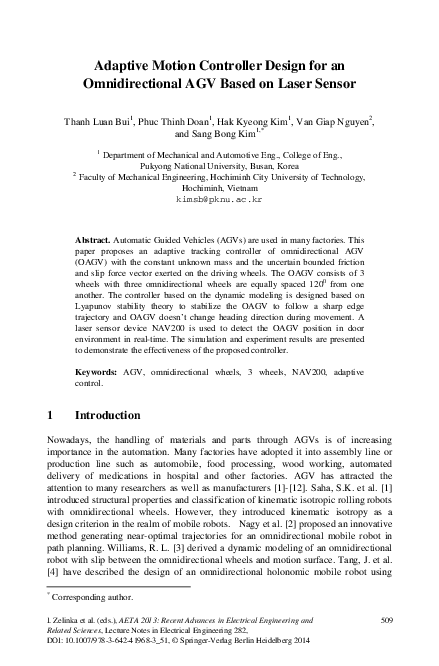 Pdf Adaptive Motion Controller Design For An Omnidirectional Agv Based On Laser Sensor Thinh