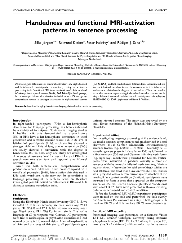 (PDF) Handedness and functional MRI-activation patterns in sentence processing
