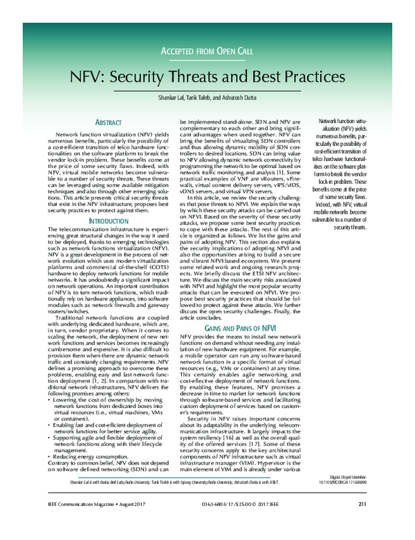 (PDF) NFV: Security Threats and Best Practices