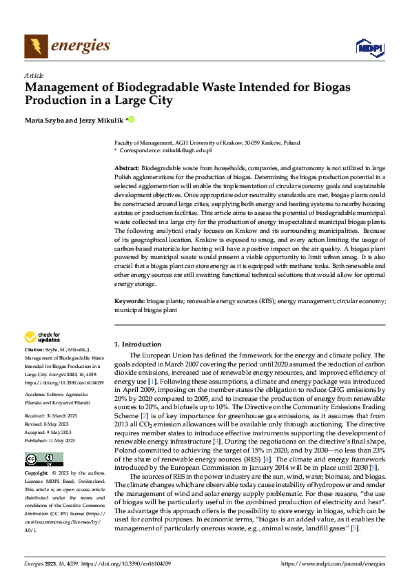(PDF) Management of Biodegradable Waste Intended for Biogas Production ...