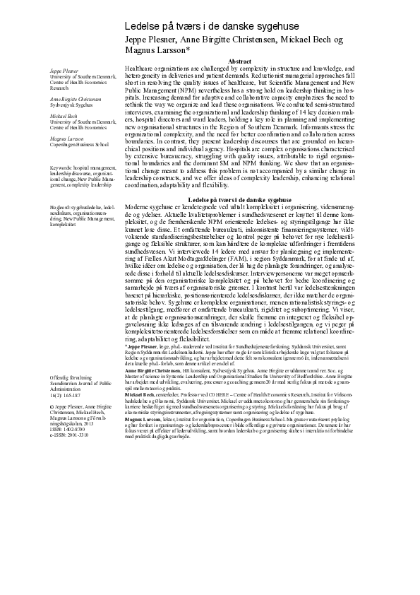 (PDF) Ledelse på tværs i de danske sygehuse