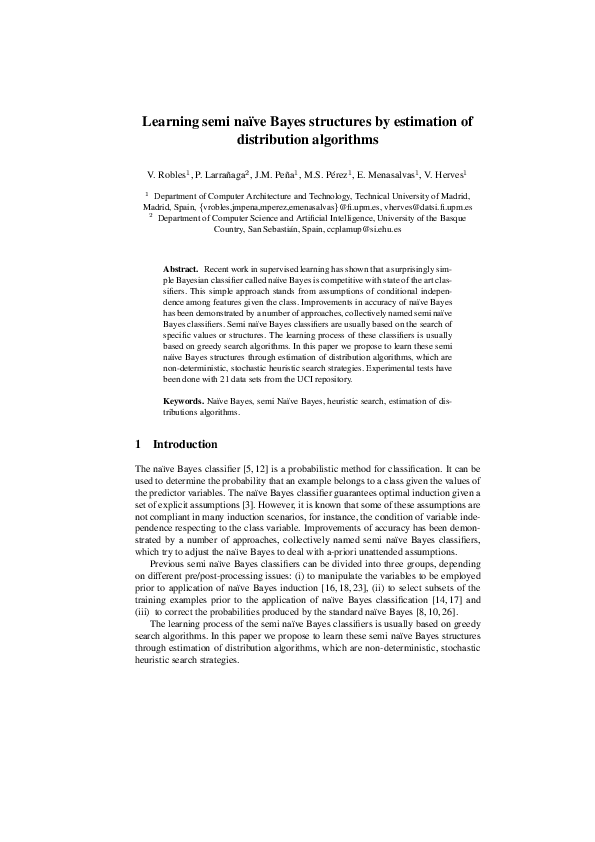 Pdf Learning Semi Naïve Bayes Structures By Estimation Of Distribution Algorithms