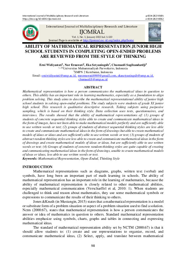 (PDF) Ability of Mathematical Representation Junior High School Students in Completing Open ...