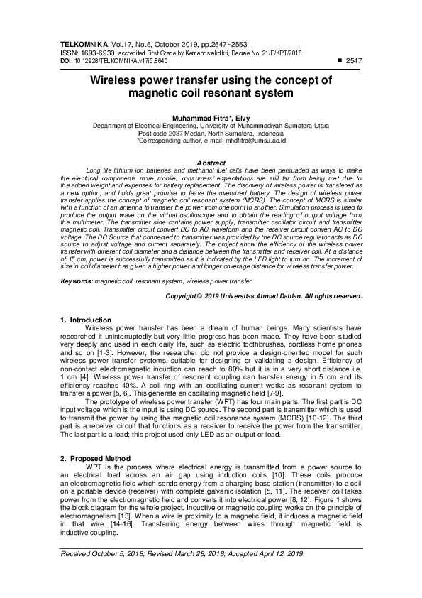(PDF) Wireless power transfer using the concept of magnetic coil resonant system
