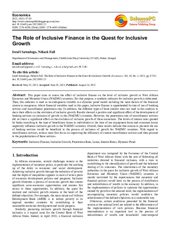 (PDF) The Role of Inclusive Finance in the Quest for Inclusive Growth