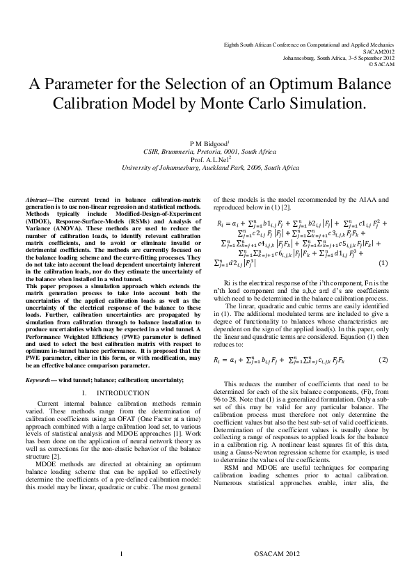 (PDF) A parameter for the selection of an optimum balance calibration model by Monte Carlo ...