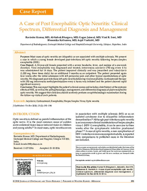 (PDF) A Case of Post Encephalitic Optic Neuritis: Clinical Spectrum ...
