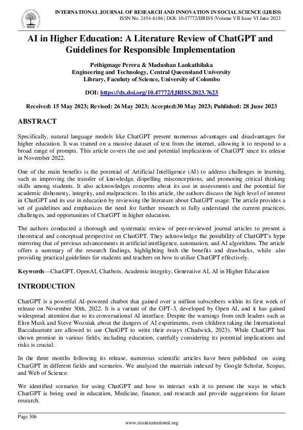 (PDF) AI in Higher Education: A Literature Review of ChatGPT and Guidelines for Responsible ...