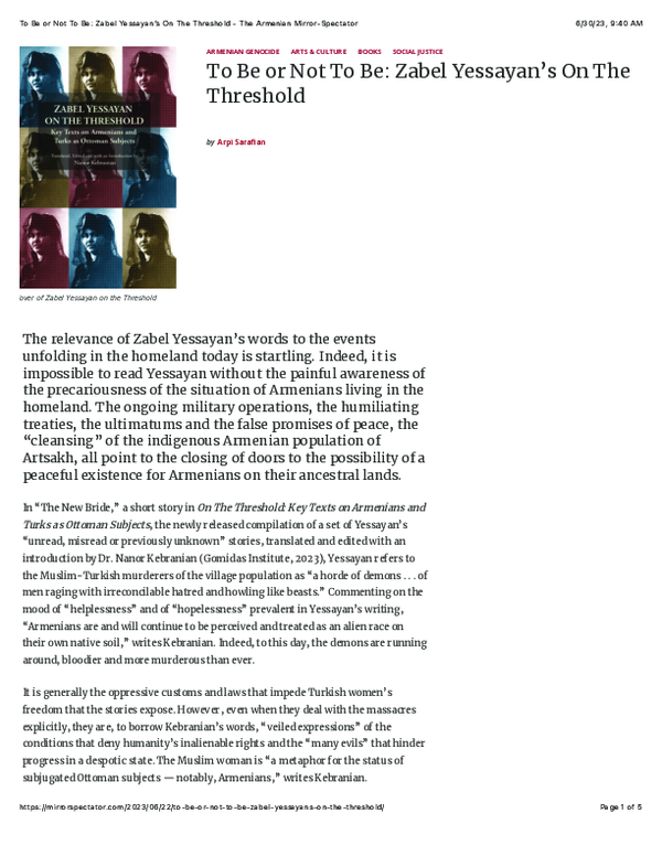 (PDF) To Be or Not To Be: Zabel Yessayan's On The Threshold