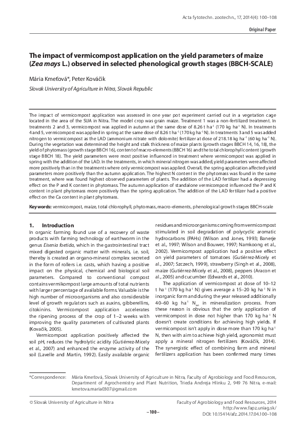 (PDF) The impact of vermicompost application on the yield parameters of ...