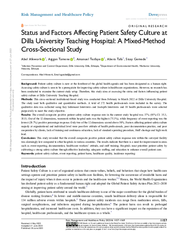 (PDF) Status and Factors Affecting Patient Safety Culture at Dilla University Teaching Hospital ...