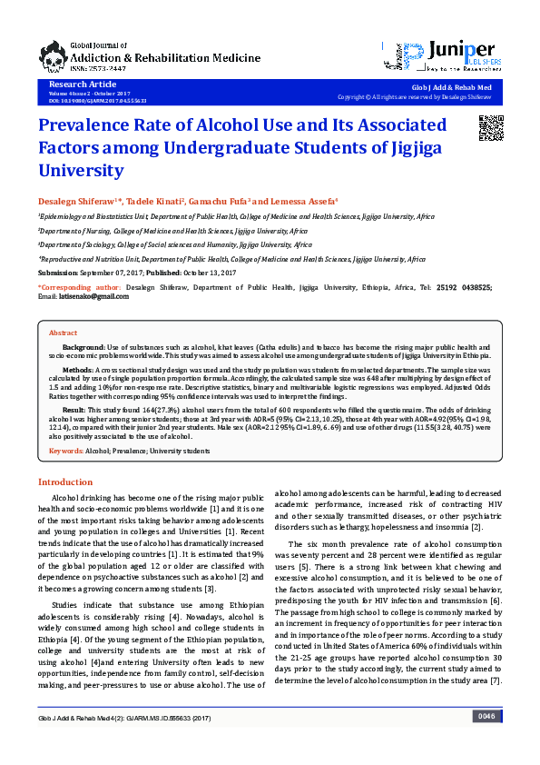 (PDF) Prevalence Rate of Alcohol Use and Its Associated Factors among ... (PDF) Prevalence Rate of Alcohol Use and Its Associated Factors among ...