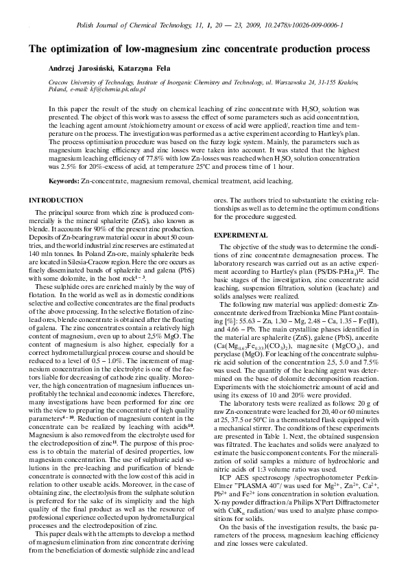(PDF) The optimization of low-magnesium zinc concentrate production process