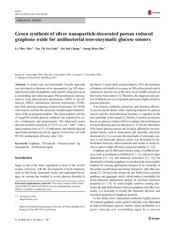 (PDF) Green synthesis of silver nanoparticle-decorated porous reduced graphene oxide for ...