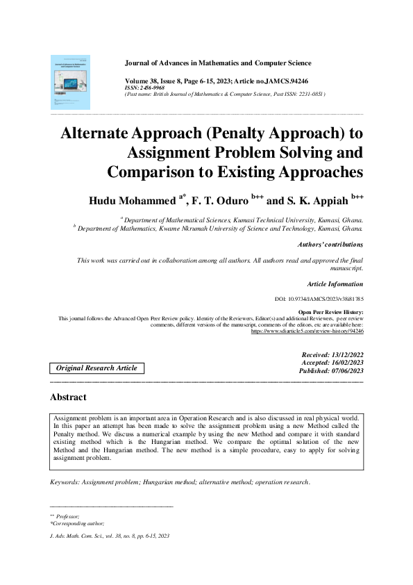 (PDF) Alternate Approach (Penalty Approach) to Assignment Problem Solving and Comparison to ...