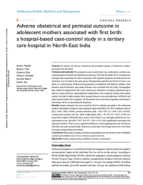 (PDF) Adverse obstetrical and perinatal outcome in adolescent mothers ...