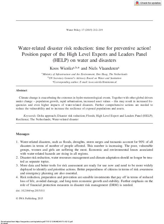(PDF) Water-related disaster risk reduction: time for preventive action ...