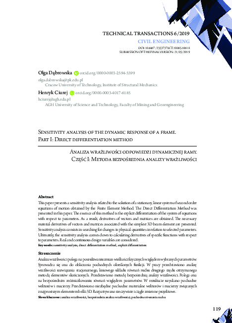 Pdf Sensitivity Analysis Of The Dynamic Response Of A Frame Part I Direct Differentiation Method