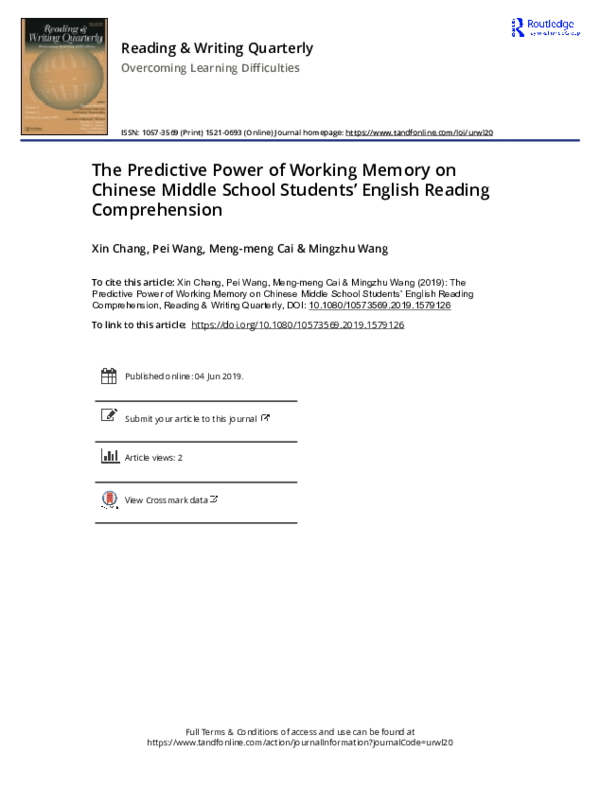 (PDF) The Predictive Power of Working Memory on Chinese Middle School Students’ English Reading ...