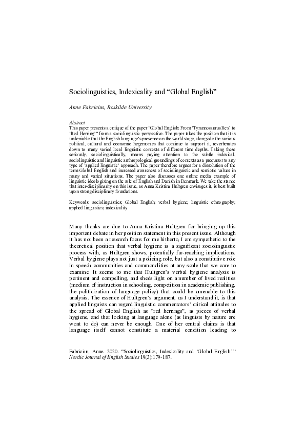 (PDF) Sociolinguistics, Indexicality and “Global English”