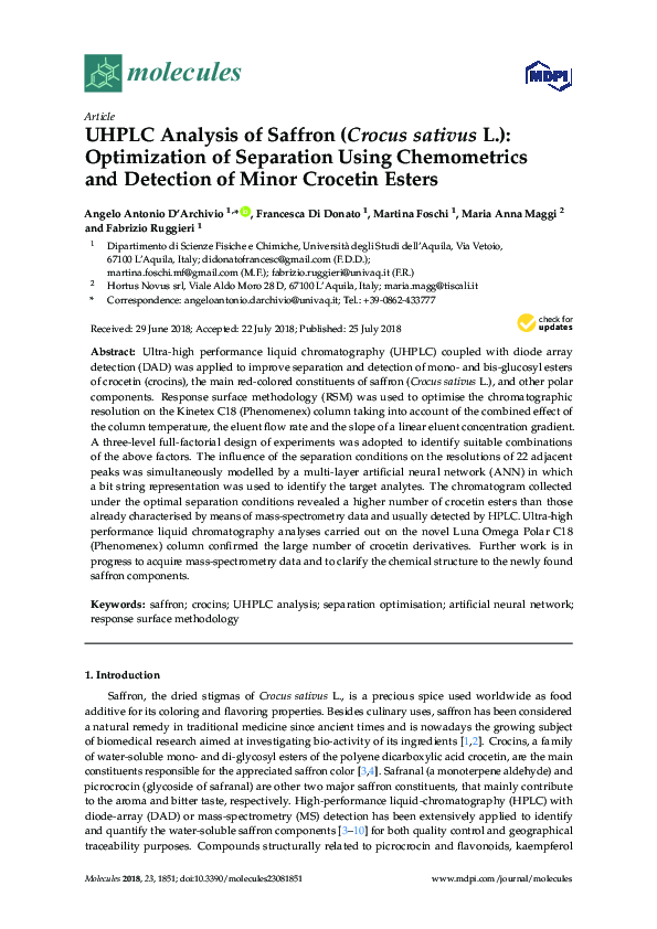 (PDF) UHPLC Analysis of Saffron (Crocus sativus L.): Optimization of Separation Using ...